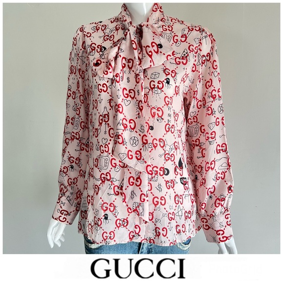 Gucci | Tops | Gucci The Ghost Silk Button Down Self Tie Halloween ...